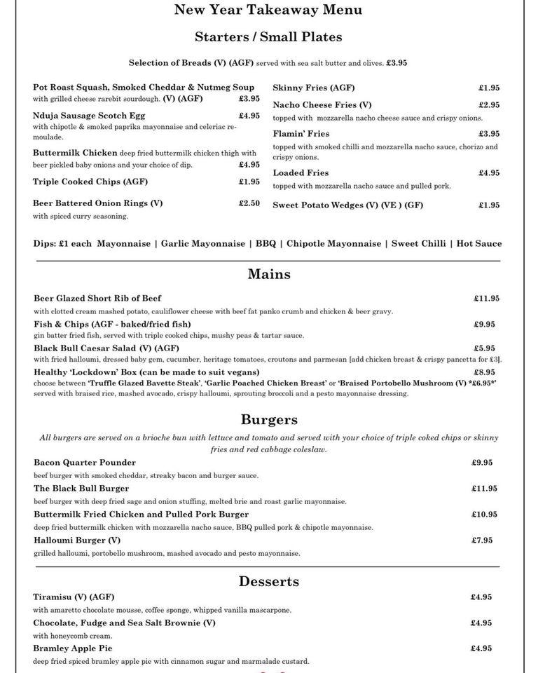 Menu at The Black Bull pub & bar, Mansfield, Main St