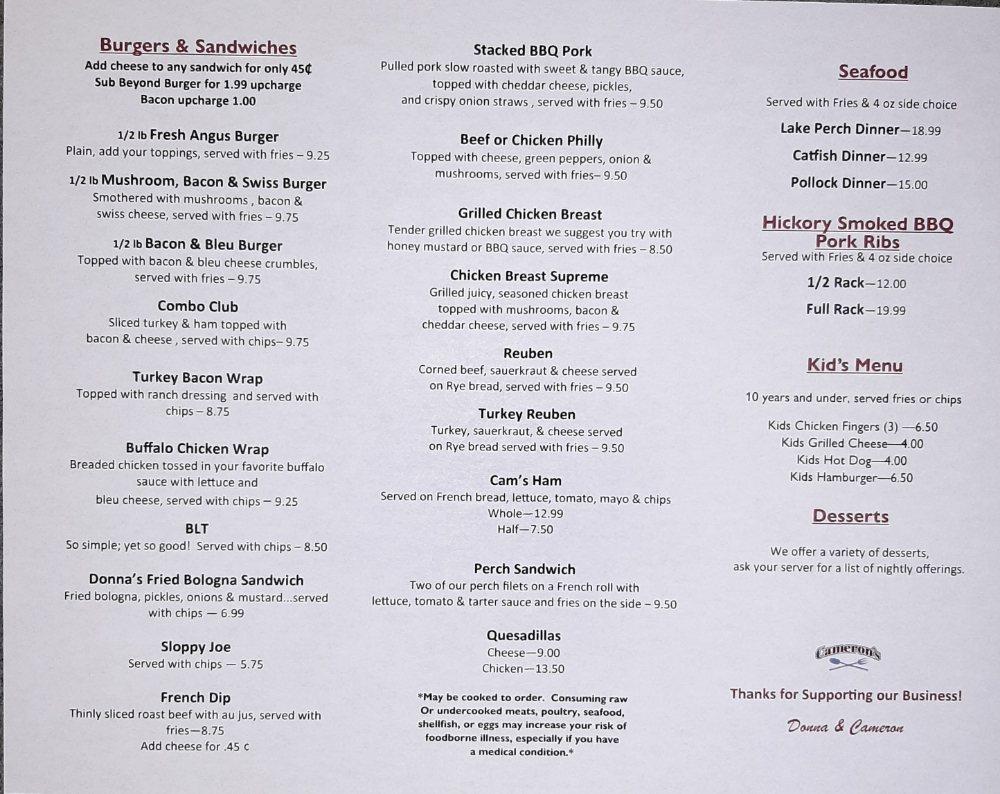 Menu at Cameron's Restaurant, Buchanan