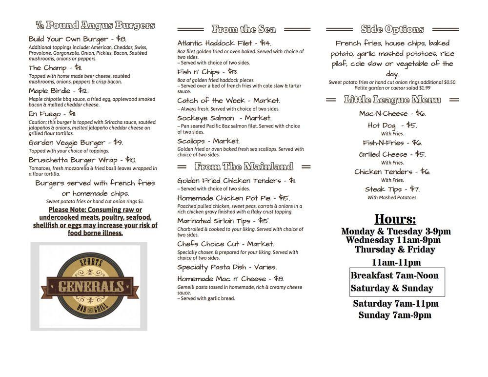 Menu at Generals Sports Bar and Grill, Weare