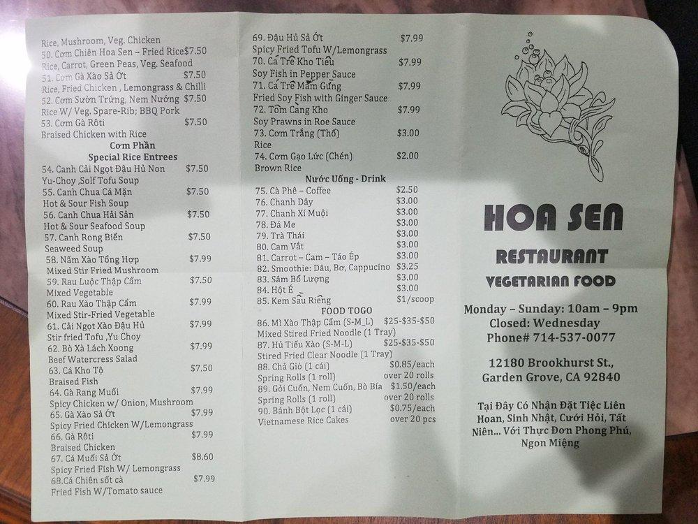 Menu at Hoa Sen restaurant, Garden Grove