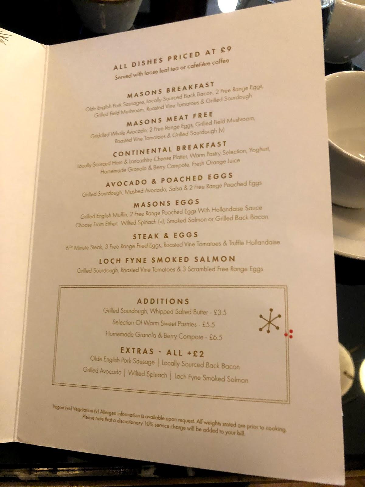 Menu at Masons Restaurant Bar, Manchester