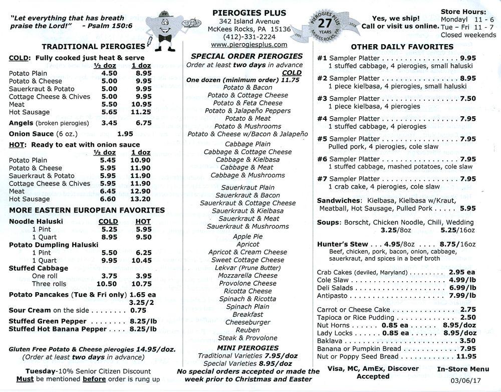 Menu at Pierogies Plus restaurant, McKees Rocks