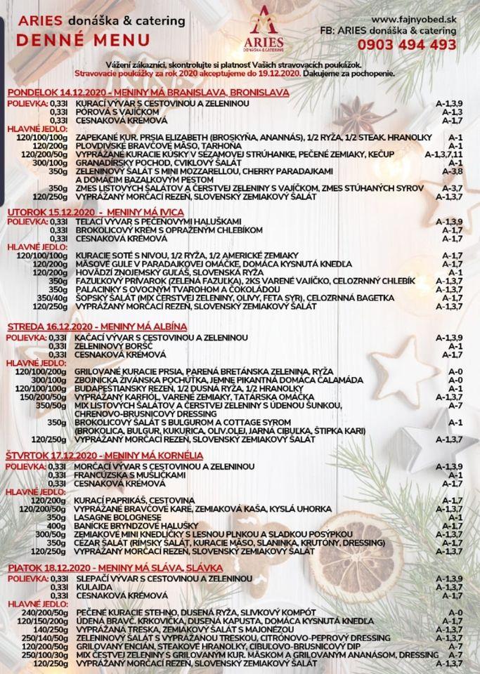 Menu at ARIES donáška & catering restaurant, Košice