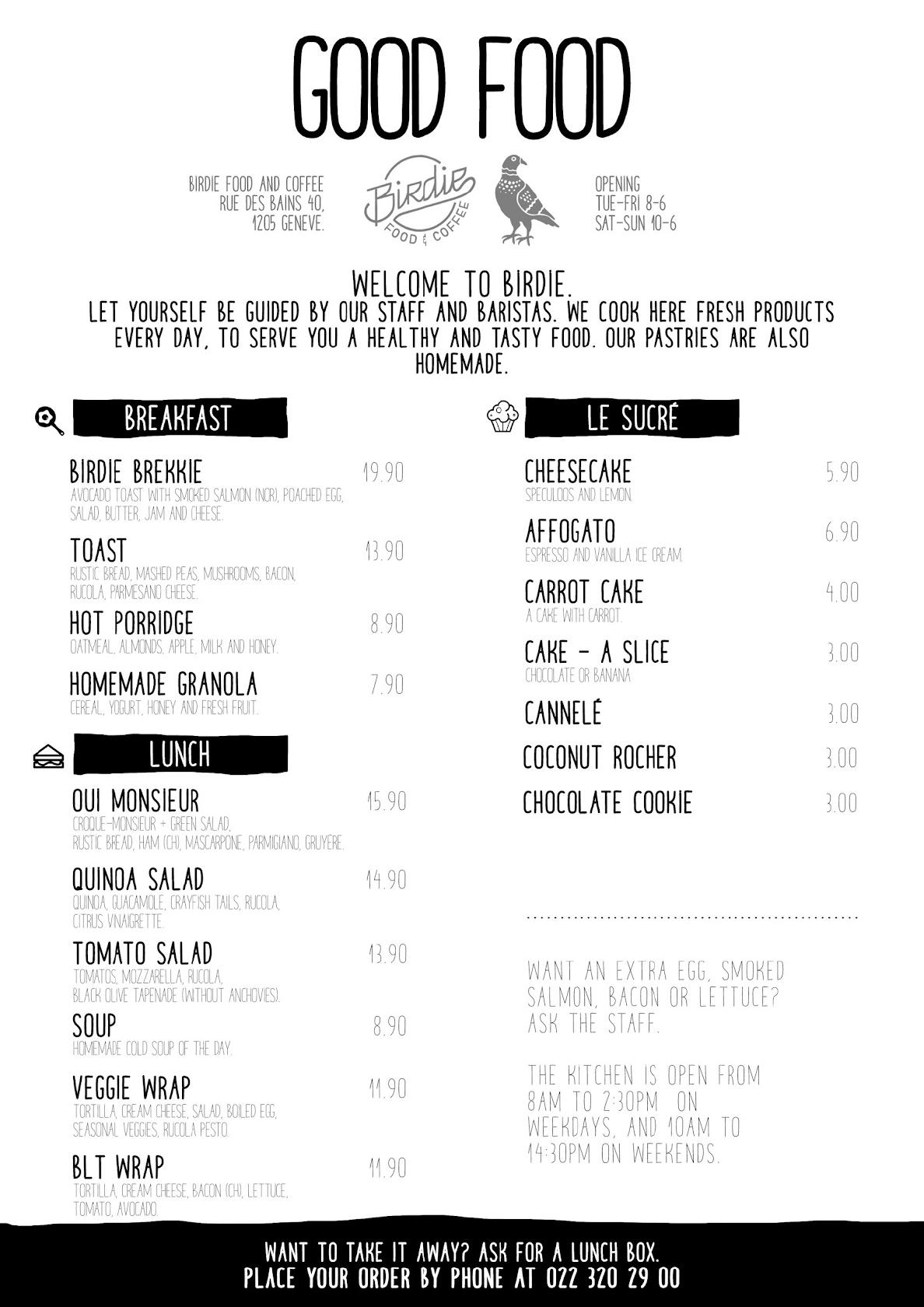 Menu at Birdie Food & Coffee, Geneva