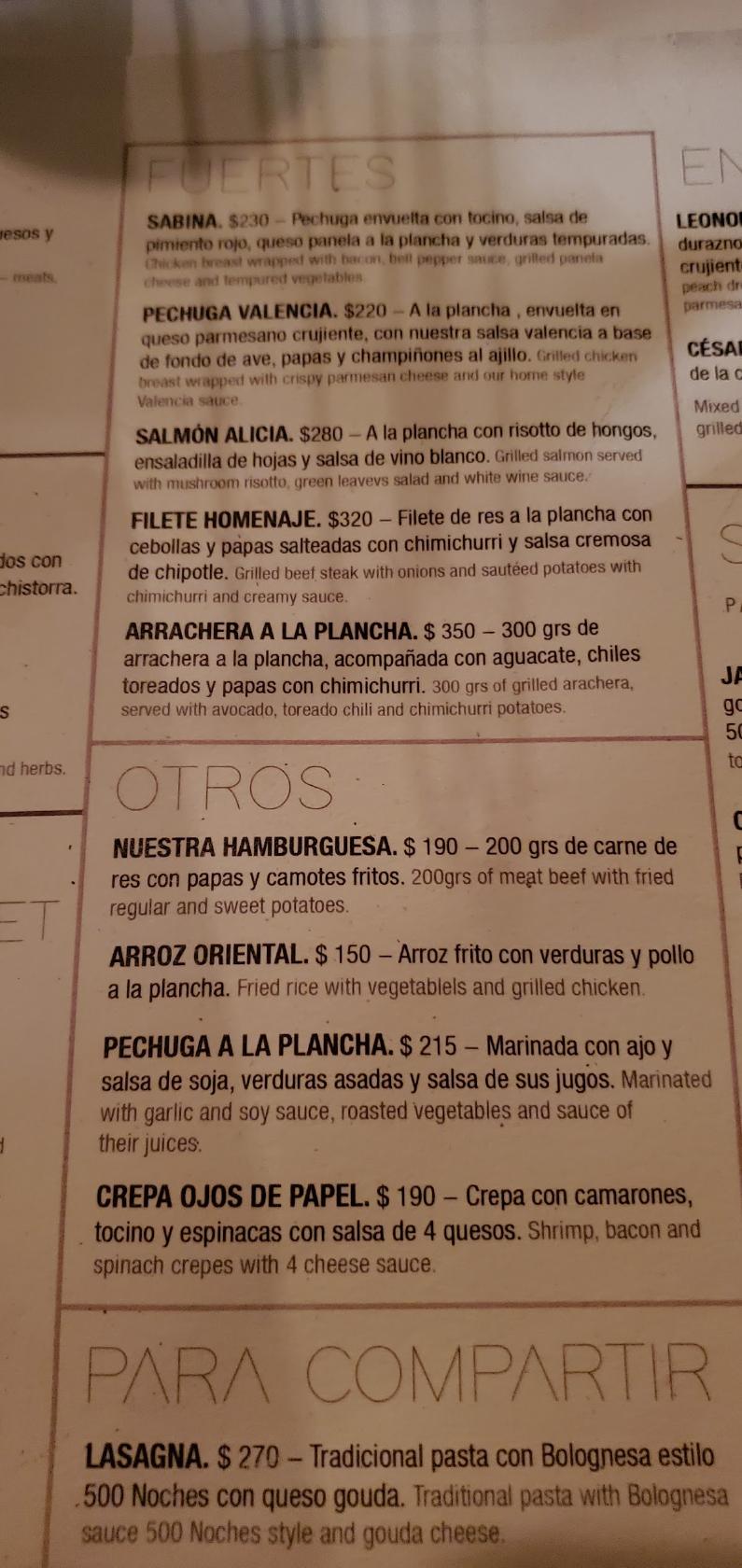 Carta de Café Bar 500 Noches Mazatlán, Mazatlán