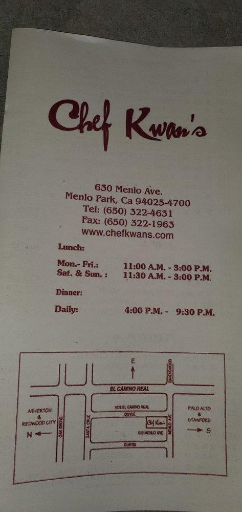 Menu at Chef Kwan's restaurant, Menlo Park