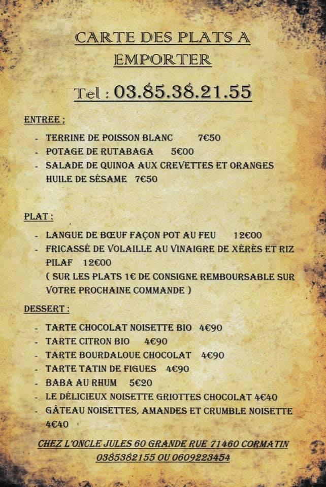 Menu au Chez l'Oncle Jules restaurant, Cormatin