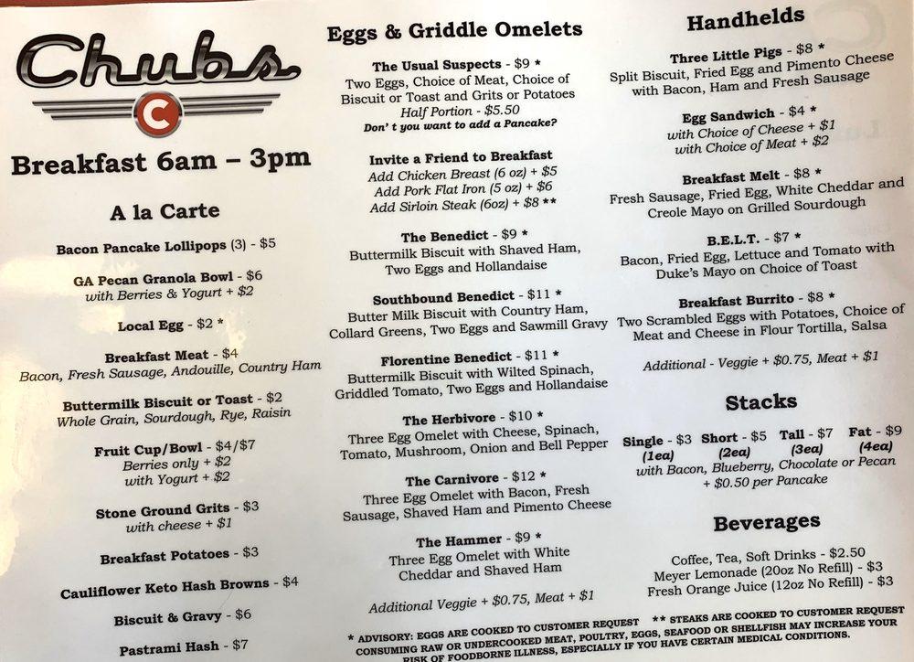 Menu at Chubs restaurant, Saint Simons Island