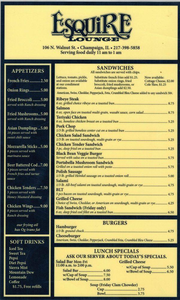 Menu at Esquire Lounge pizzeria, Champaign