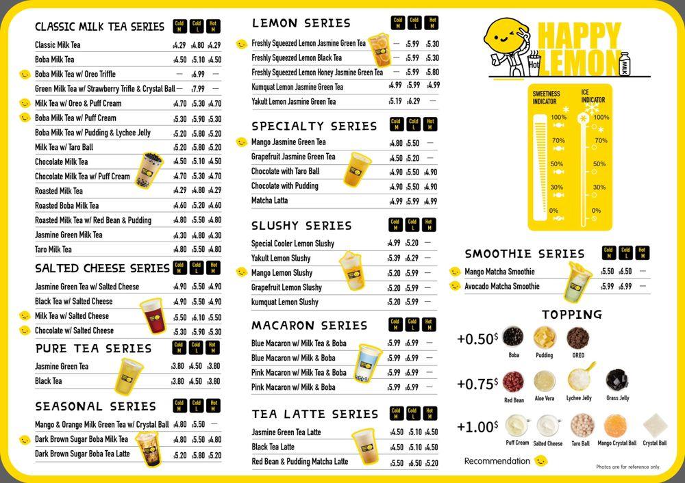 Menu at Happy Lemon cafe, Winnipeg
