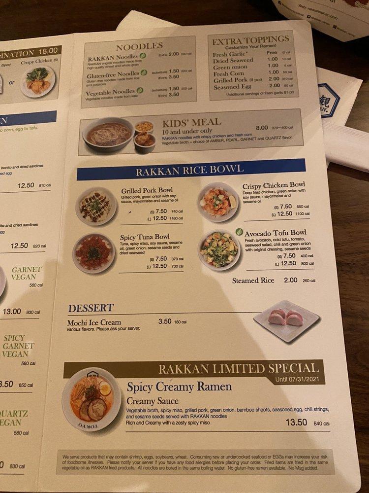 Menu at Rakkan Ramen restaurant, Houston