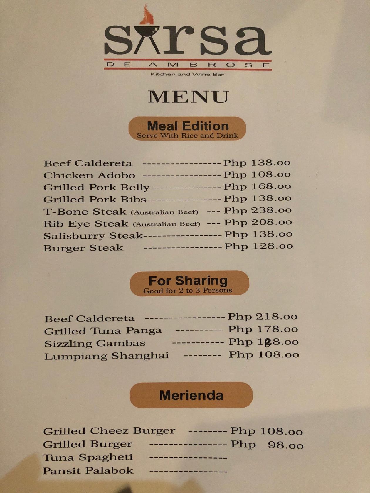 Carta del restaurante Sarsa De Ambrose, Dávao