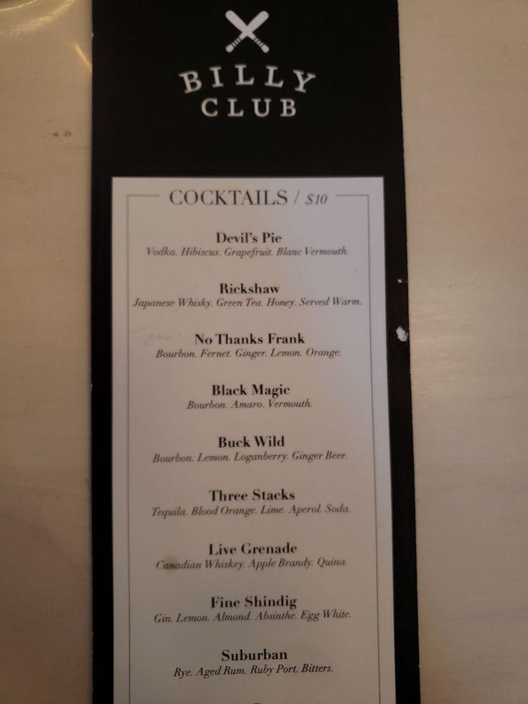 Menu at Billy Club, Buffalo