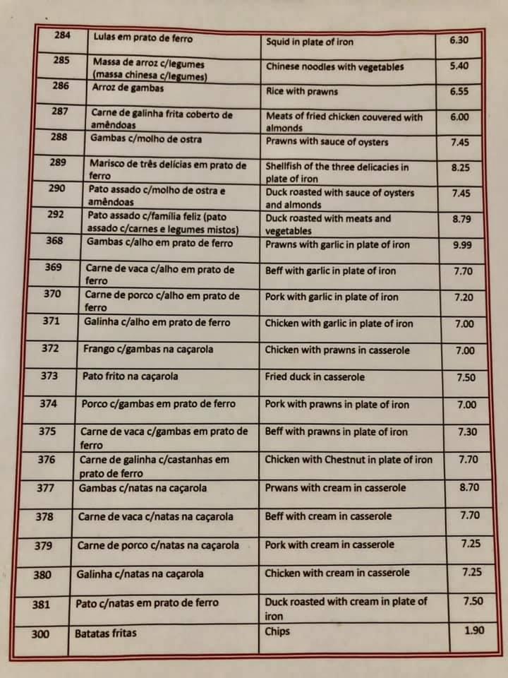 Carta de Restaurante kang le 2 Buffet, Coimbra