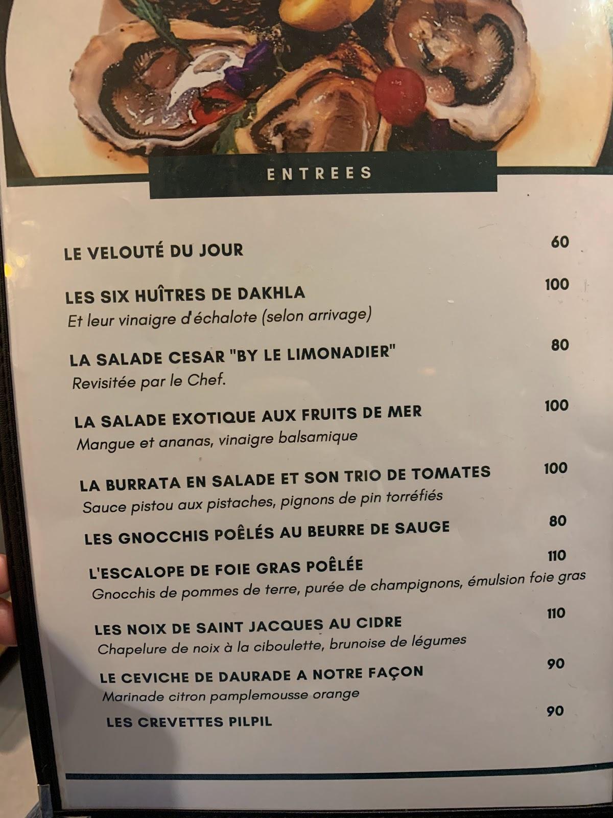 Menu at Le Limonadier restaurant, Rabat