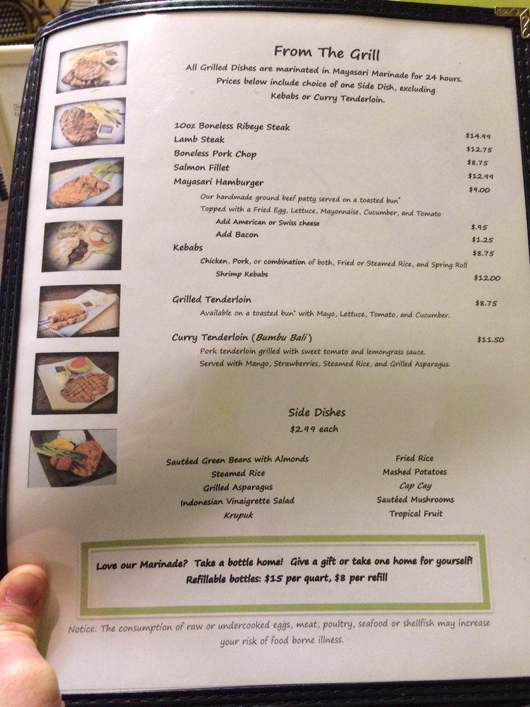 Menu at Mayasari Indonesian Grill restaurant, Greensburg
