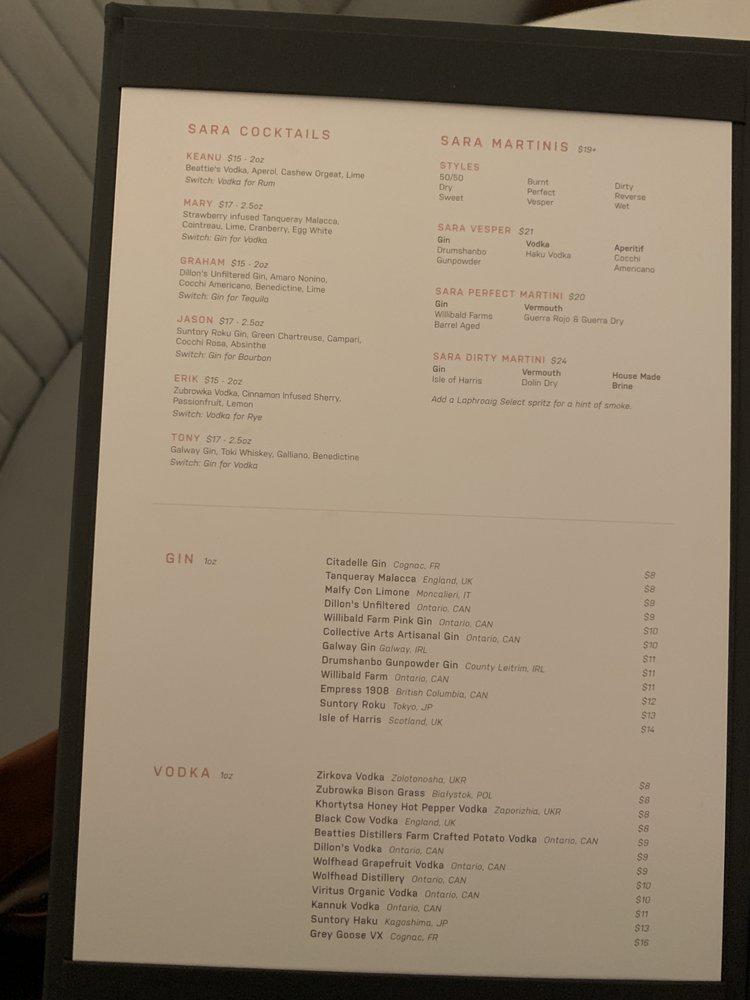 Menu at SARA restaurant, Toronto