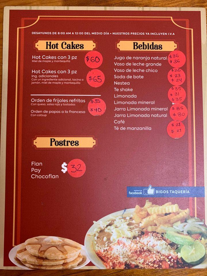Menu at Taqueria "Bigos" restaurant, Ciudad Juarez, AV. INTERNACIONAL ...