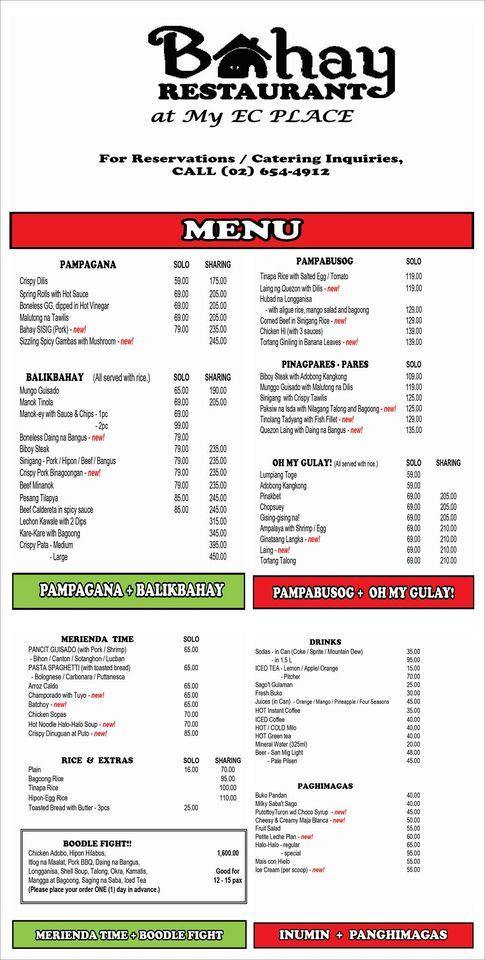 Menu at Bahay Restaurant, Mandaluyong