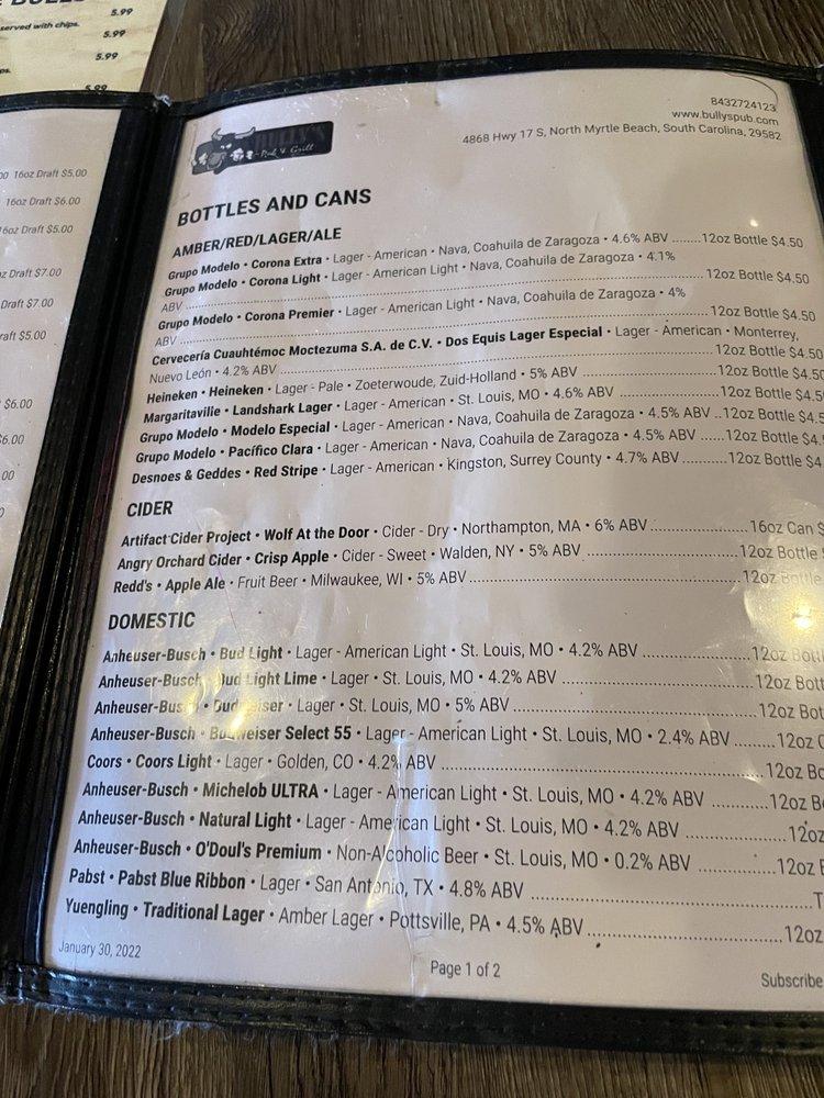 Menu at Bully's Pub & Grill, North Myrtle Beach, Hwy 17