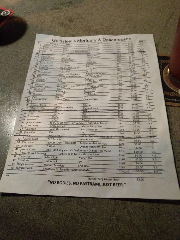 Menu at Goldstein's Mortuary & Delicatessen pub & bar, Fresno
