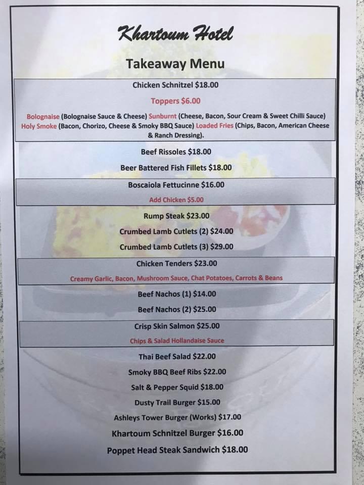 Menu at Khartoum Hotel pub & bar, Kitchener