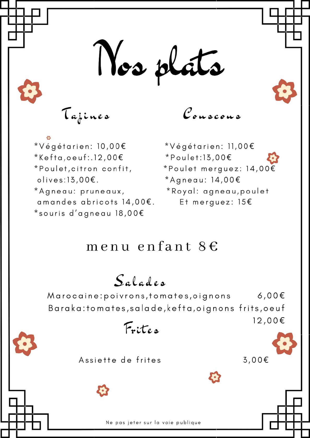 Menu au La baraka, Dieulefit