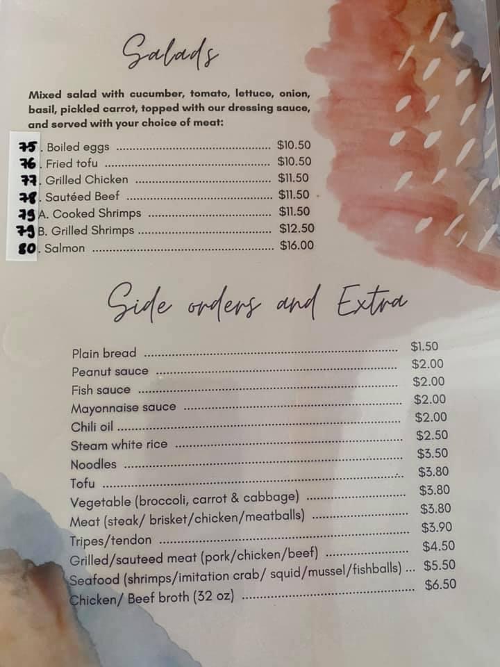 Menu at Pho Saigon restaurant, Olympia