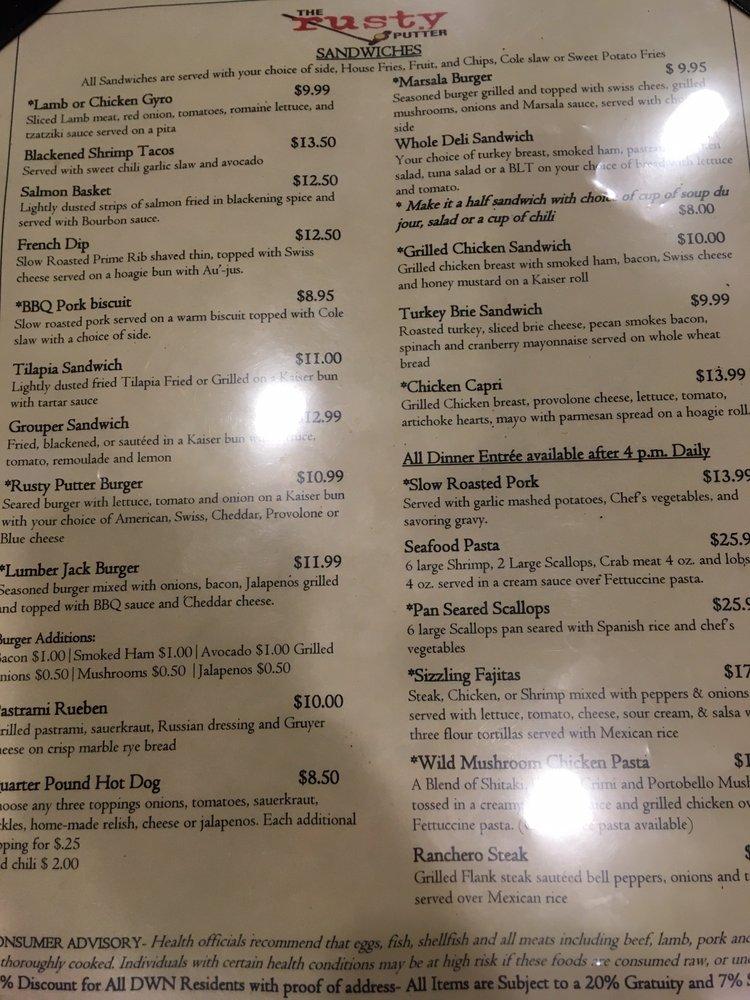 Menu at The Rusty Putter restaurant, Ave Maria