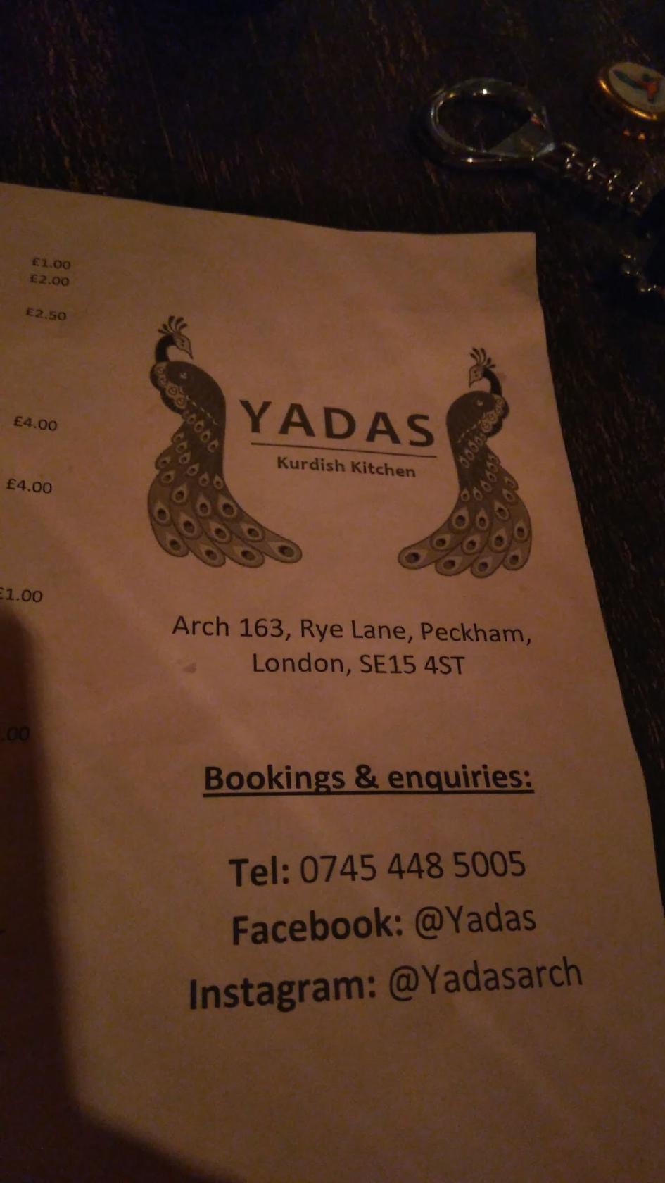 Menu at Yada’s Kitchen restaurant, London, 104 Rye Ln