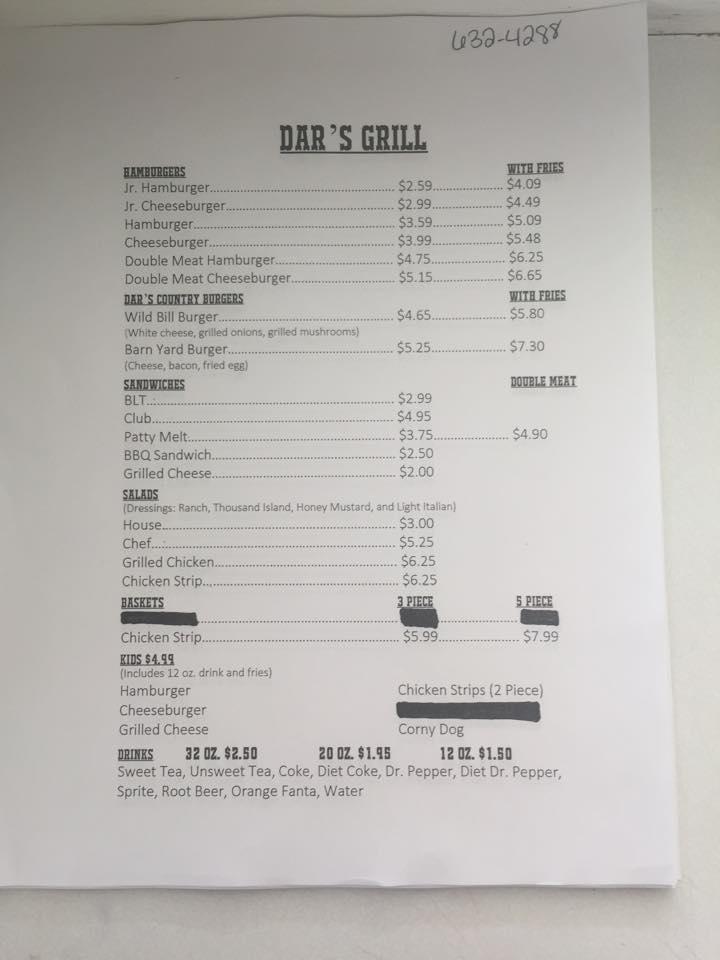 Menu at Dar's Grill restaurant, Lufkin