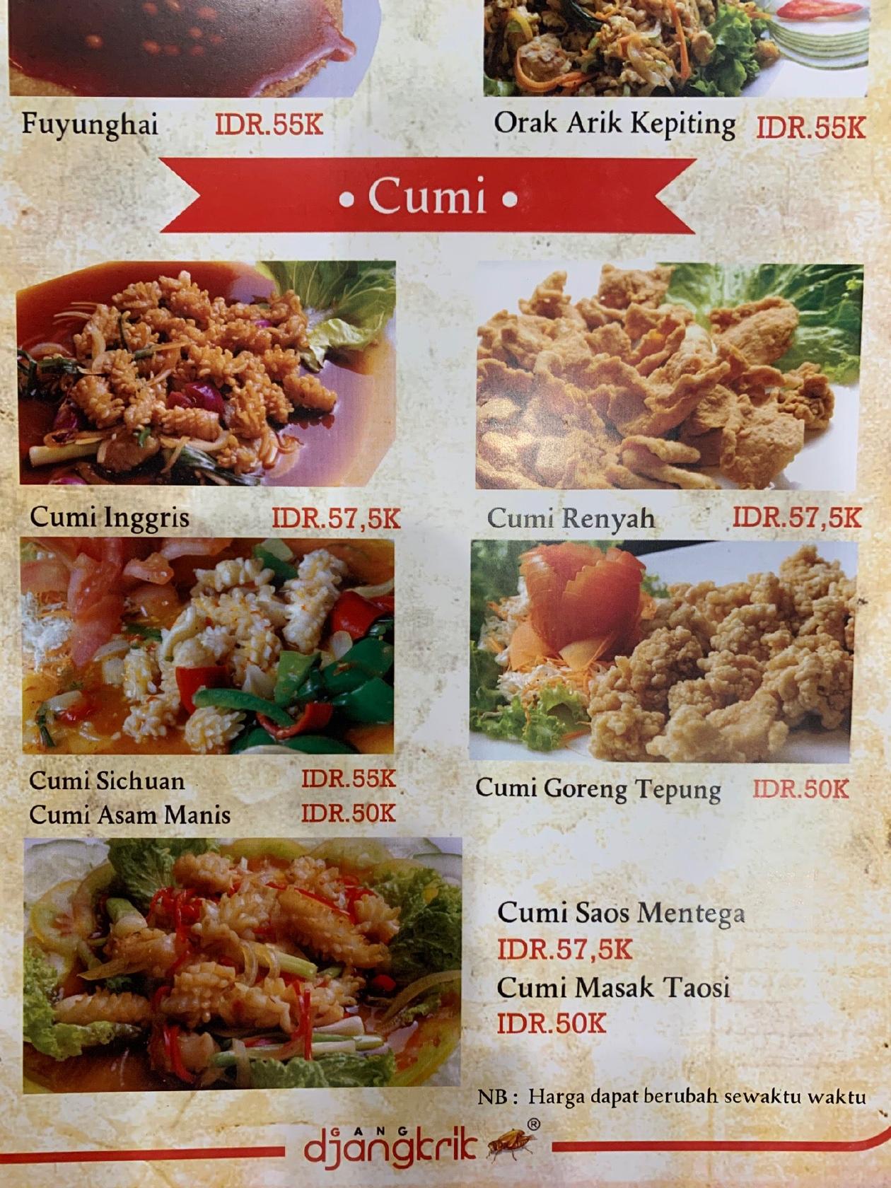 Menu at Gang djangkrik restaurant, Indonesia, Manyar Kertoarjo 104