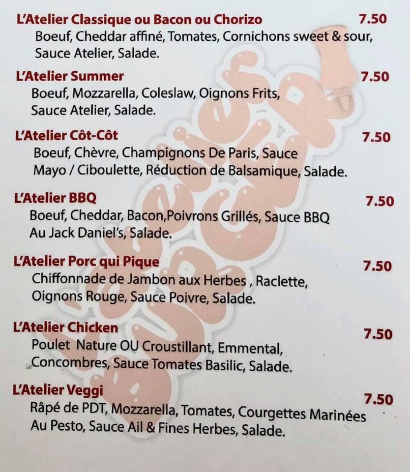 Menu at L'atelier Burger fast food, Nancy