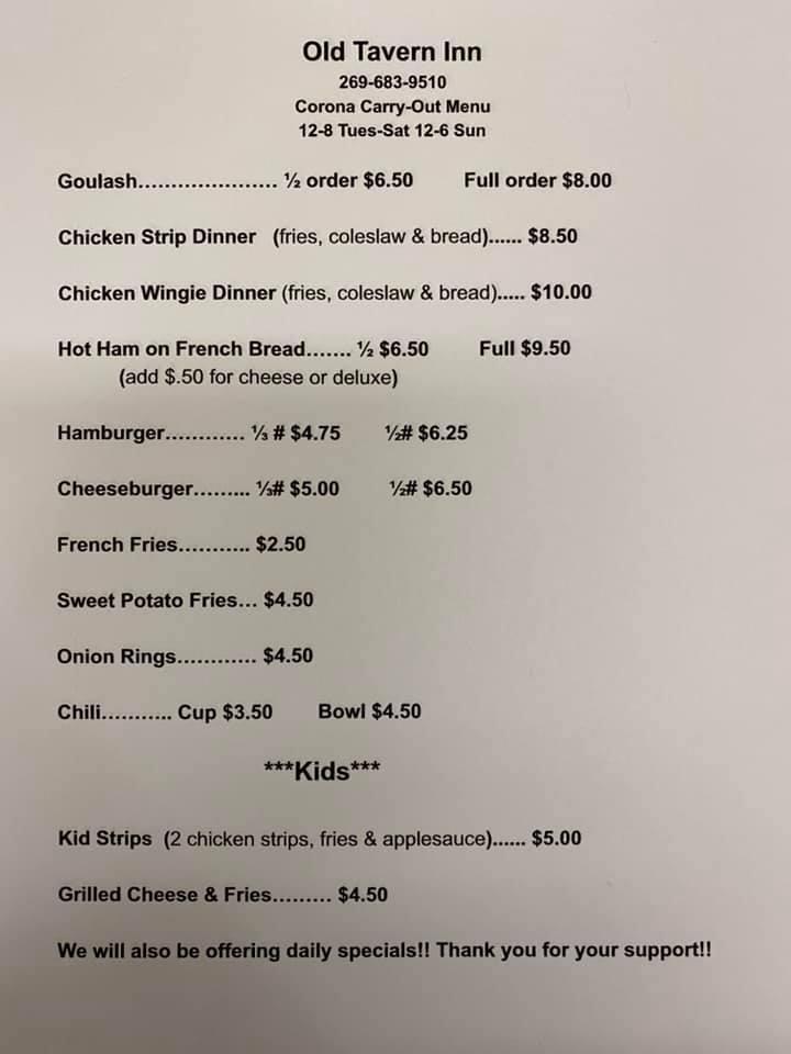 Menu at Old Tavern Inn pub & bar, Niles