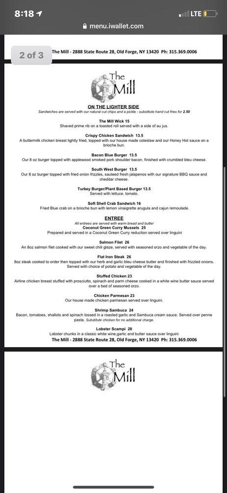 Menu at The Mill restaurant, Old Forge