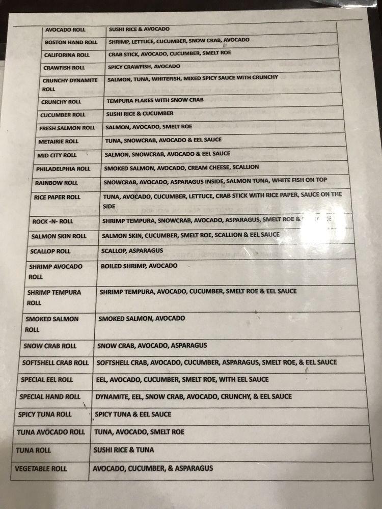 Menu at ASAKUSA LLC restaurant, Chalmette