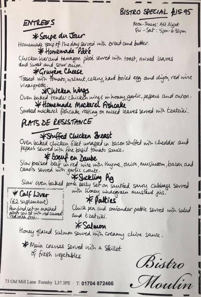 Menu at Le Bistro Moulin restaurant, Liverpool