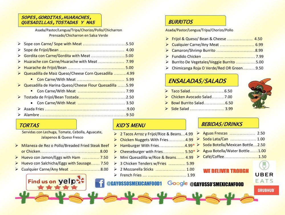 Menu at Gayosso's Mexican Food restaurant, Phoenix