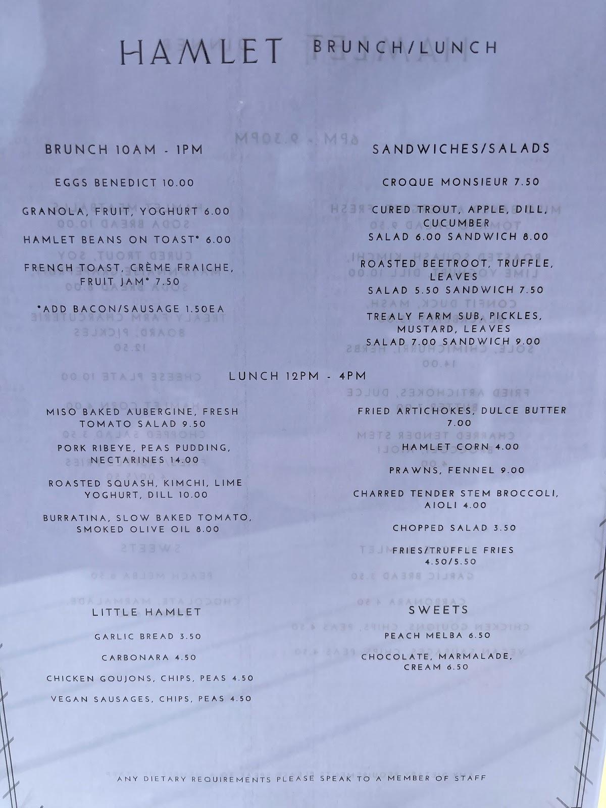 Menu at Hamlet restaurant, Wokingham