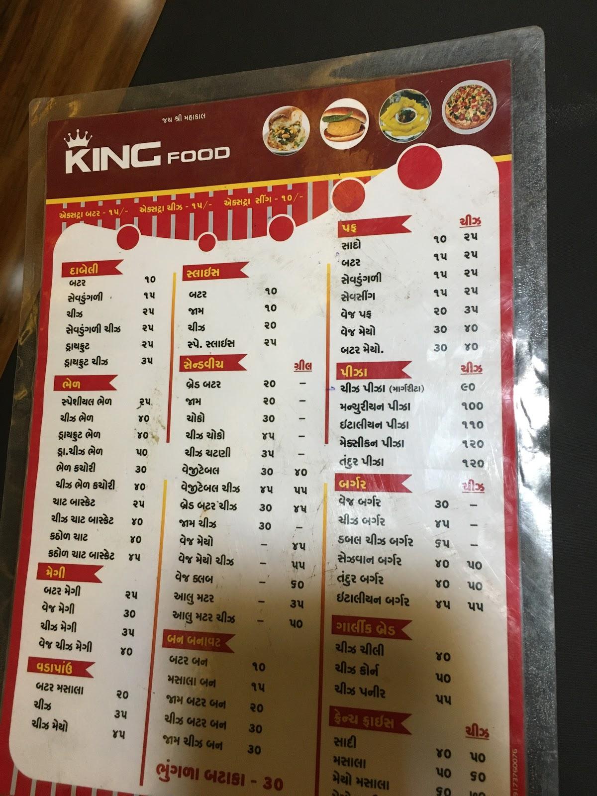 Menu at King Food, Godhra