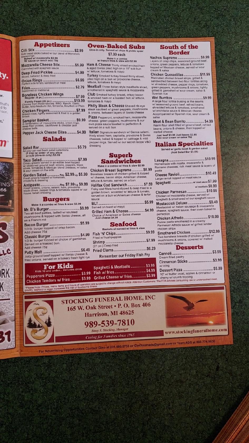 Menu at Momma Cillie's Pizzaria pizzeria, Harrison