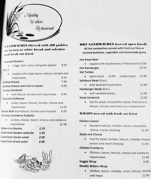 Menu at Muddy Waters Restaurant, Verona