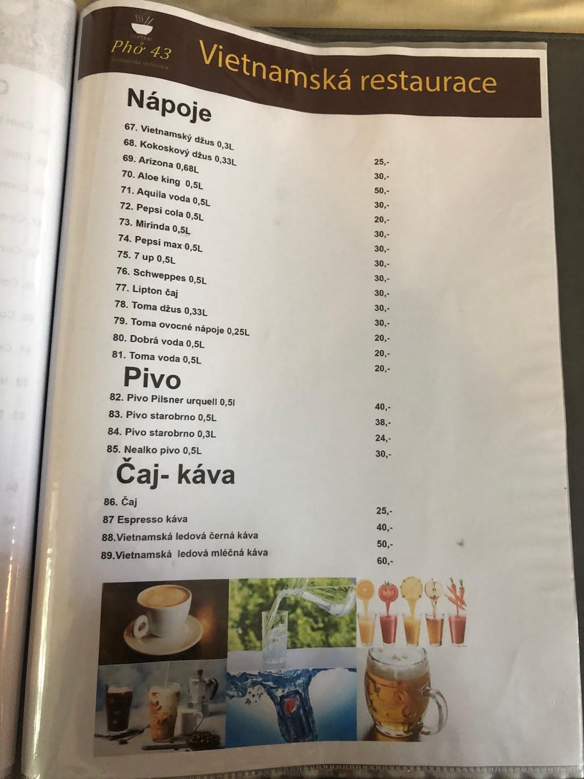 Menu at Pho 43 restaurant, Brno
