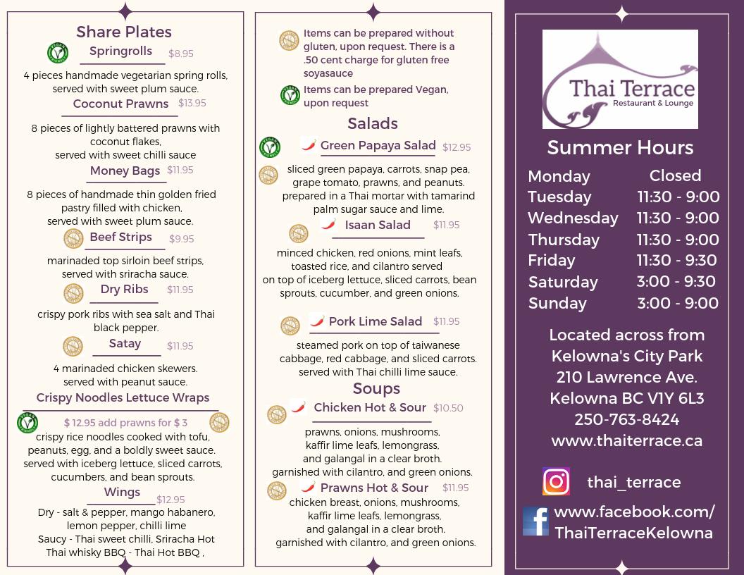 Menu at Thai Terrace Restaurant, Kelowna