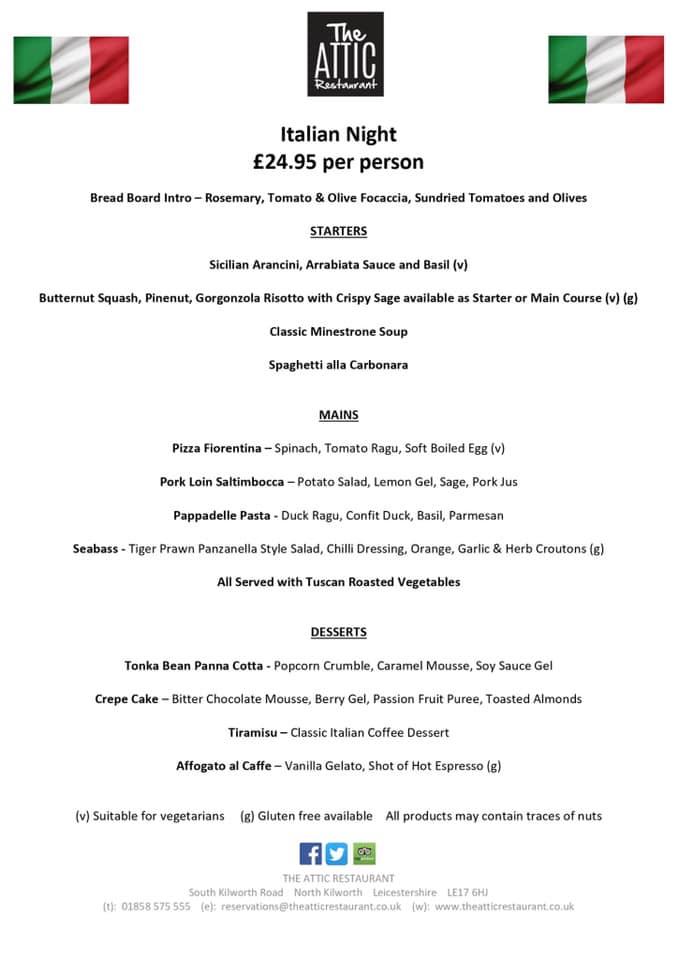 Menu at The Attic Restaurant, North Kilworth