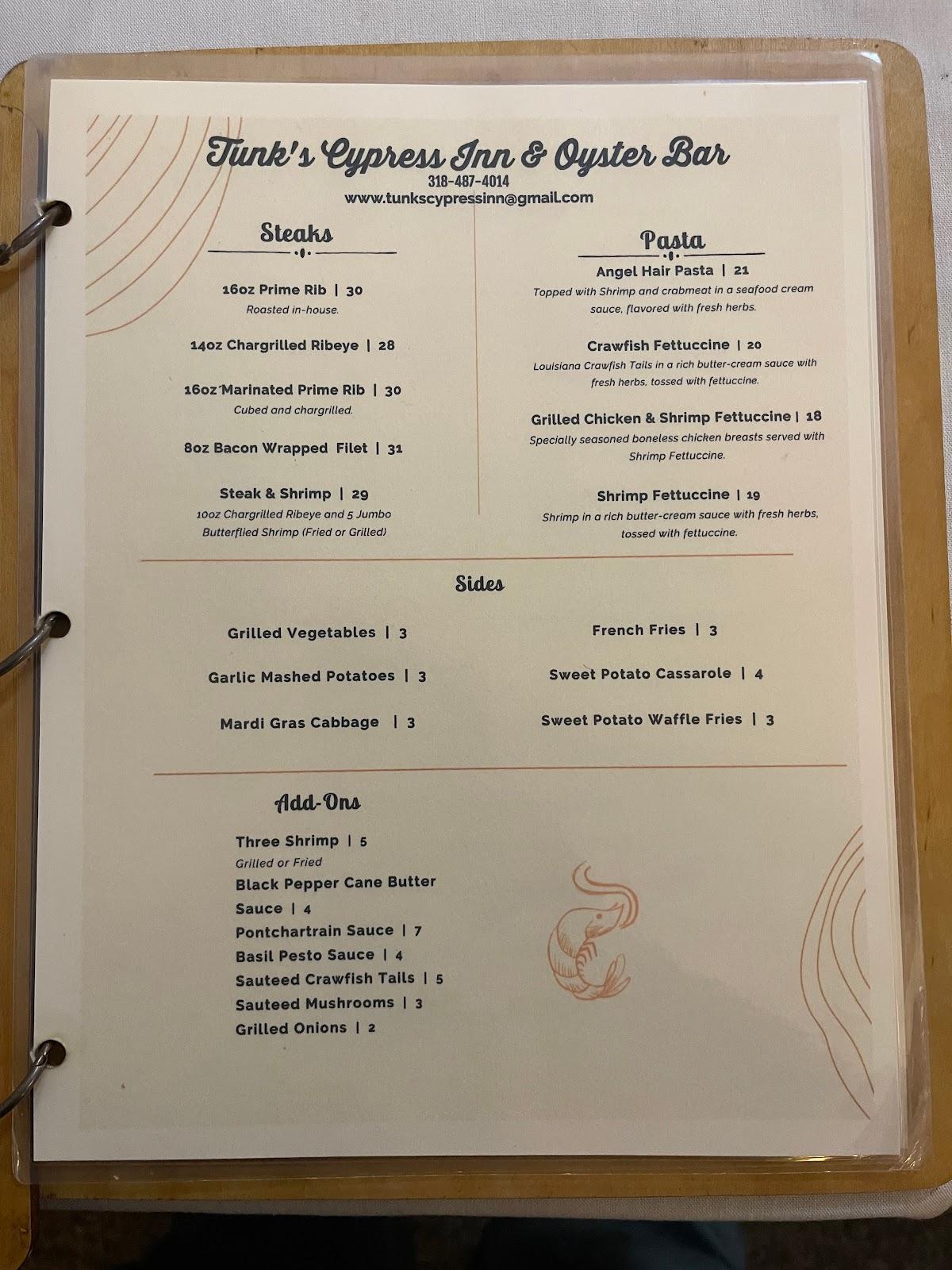 Menu at Tunk's Cypress Inn restaurant, Alexandria, LA-28