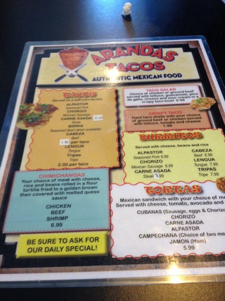 Menu at Arandas Tacos restaurant, Branson