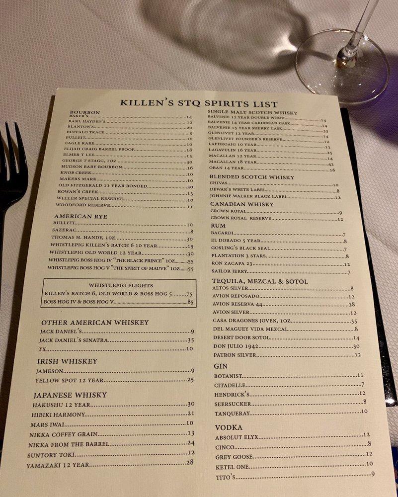 Menu at Killen's STQ steakhouse, Houston