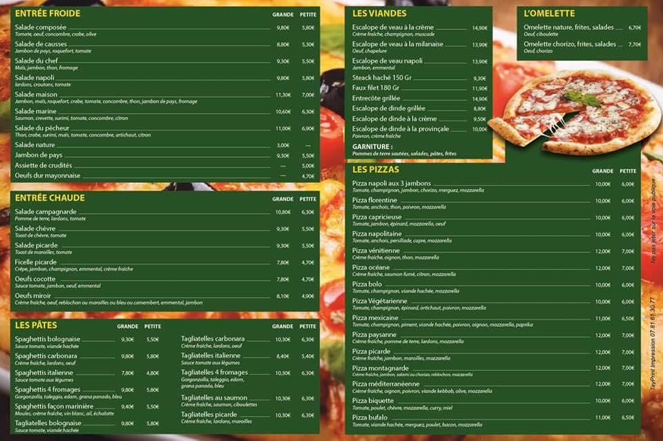 Menu at Le Napoli pizzeria, Noyon