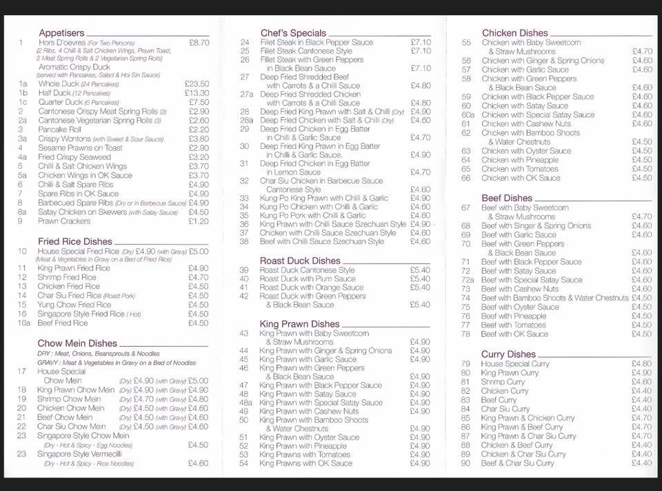 Menu at Mings fast food, Haxey
